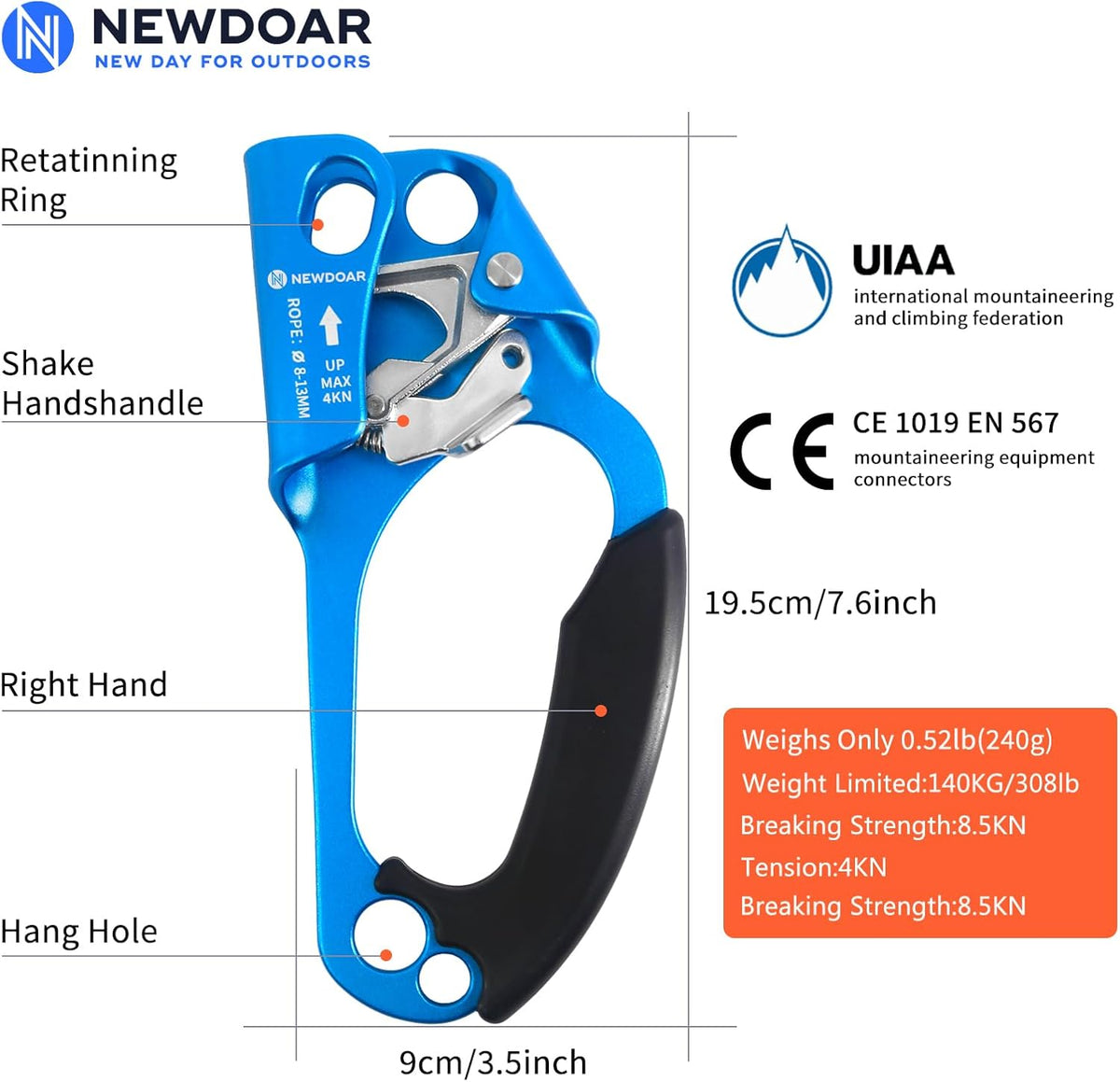 NewDoar Hand Ascender & Foot Ascender & Foot Loop Set (Right Blue Set ...